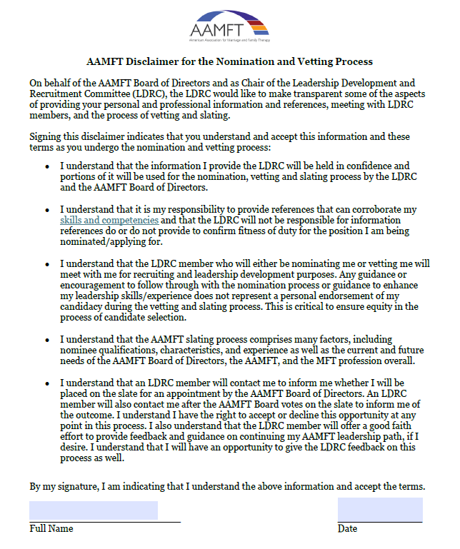 AAMFT Disclaimer for the Nomination and Vetting Process – AAMFT+